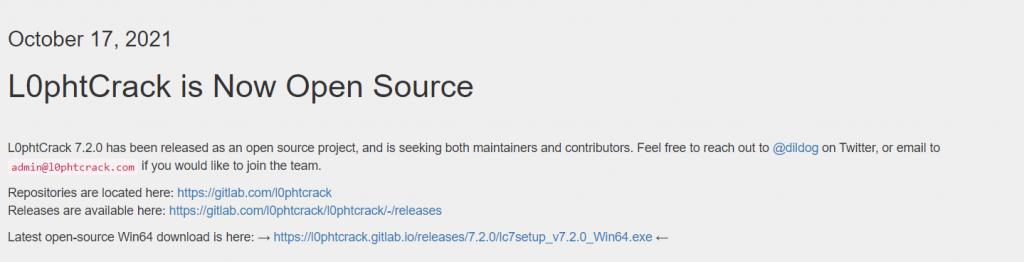 老牌 Windows 密码破解工具 L0phtCrack 宣布开源，不再收费